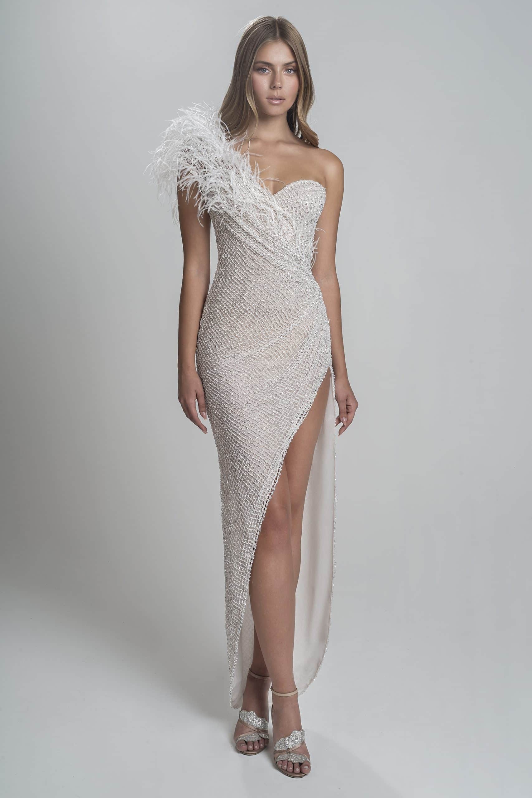 Draped One Shoulder Feather Dress - LEE PETRA GREBENAU